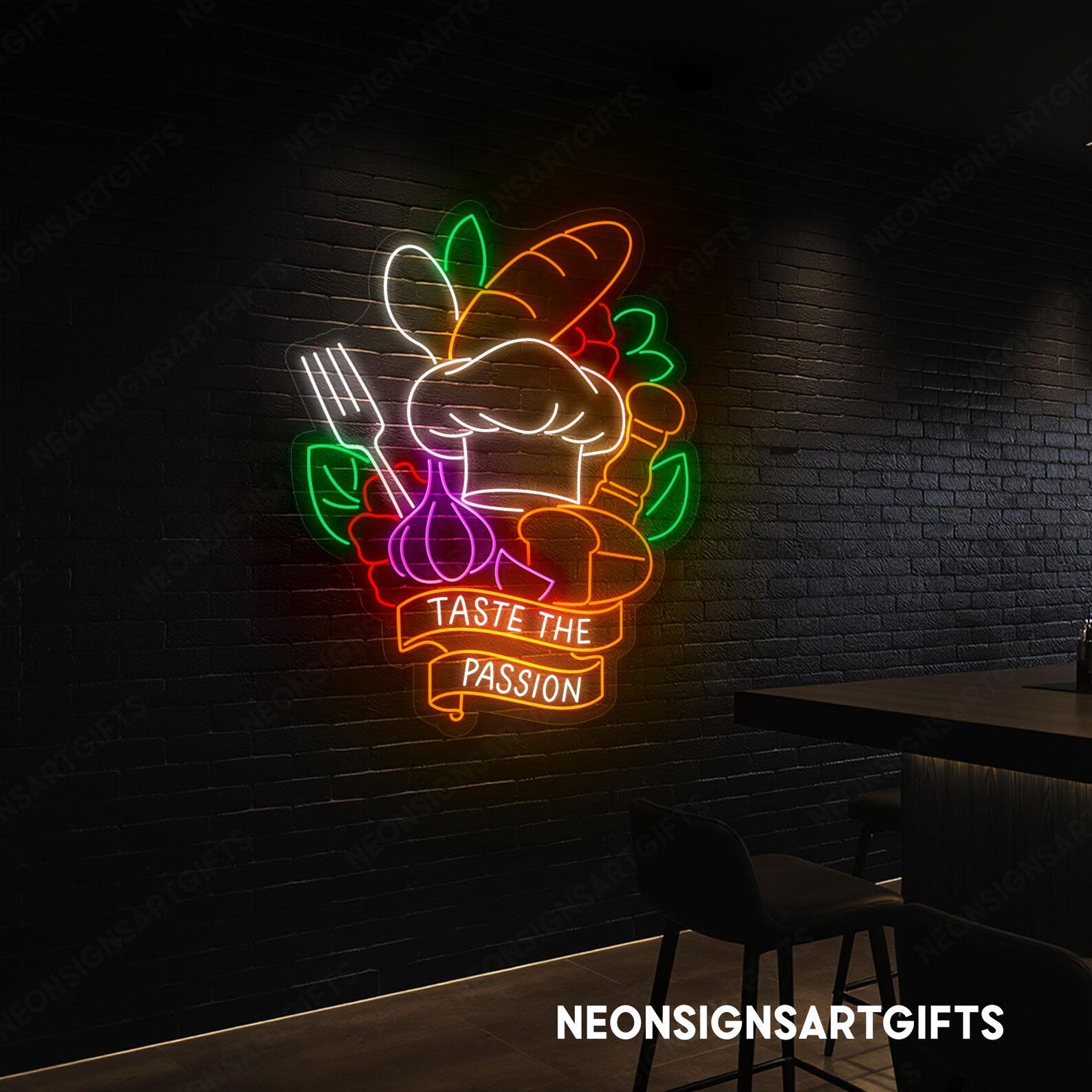 Taste the Passion Quote Neon Sign, Culinary Neon Light Chef Hat Outline ...