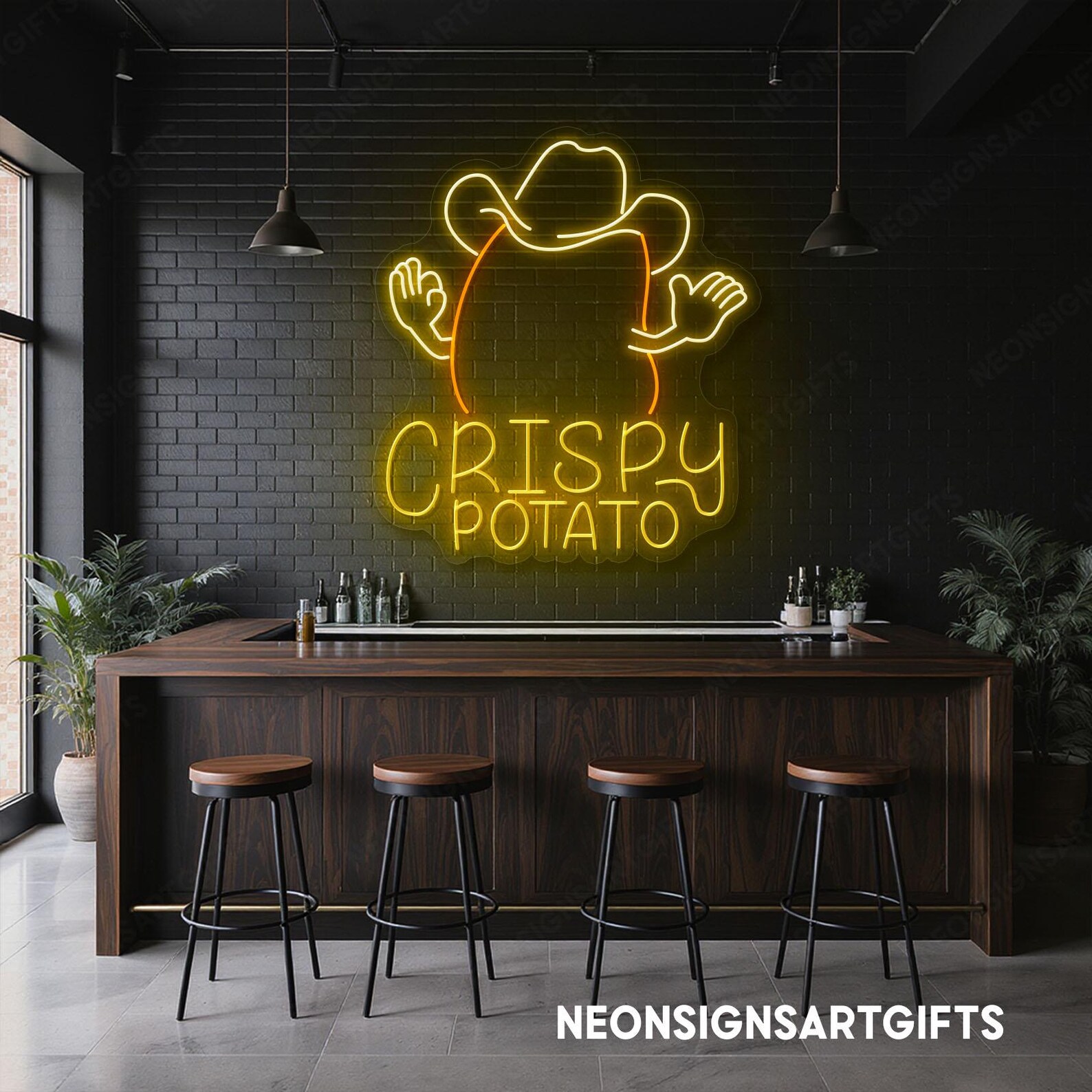 Crispy Potato Neon Sign, Crisps Fries Cowboy Spud Led Wall Light ...