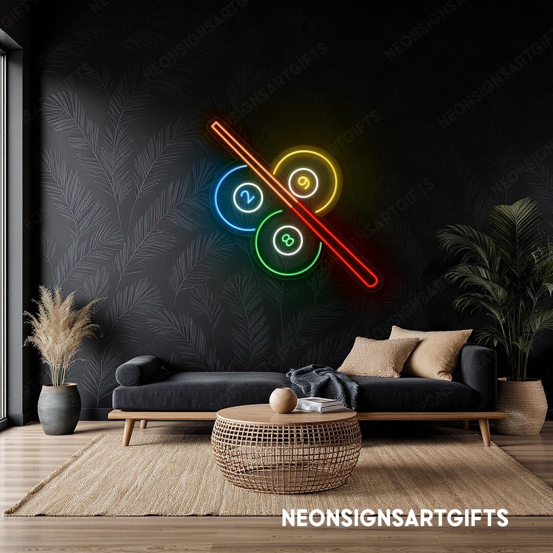 Billiard Balls Neon Sign, Colorful Pool Cue Led Light Billiard Sports ...