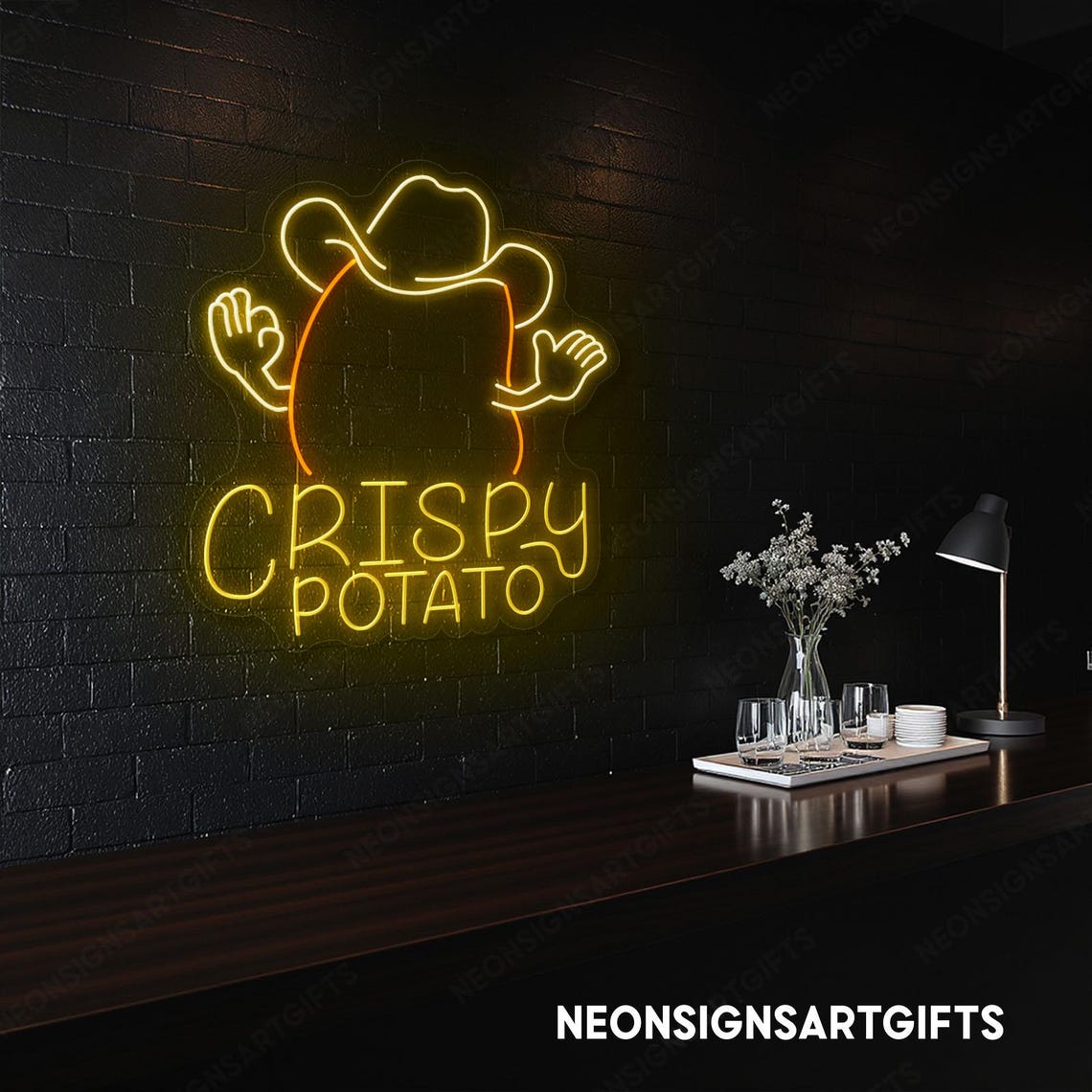 Crispy Potato Neon Sign, Crisps Fries Cowboy Spud Led Wall Light ...