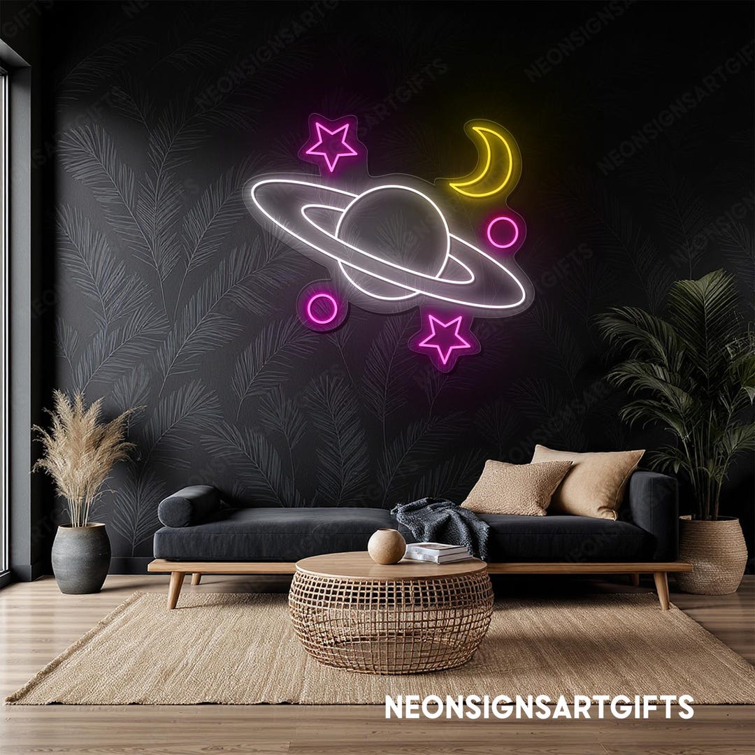 Outer Space Neon Sign With Planet Stars Moon, Space Planet Stars Moon ...