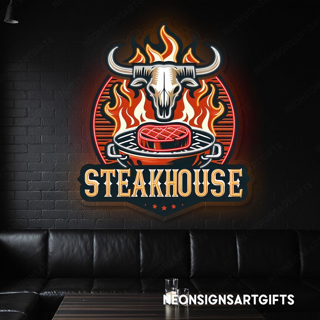 Steakhouse Bull Skull Neon Sign, Bull Skull BBQ Uv Printed Neon Light ...