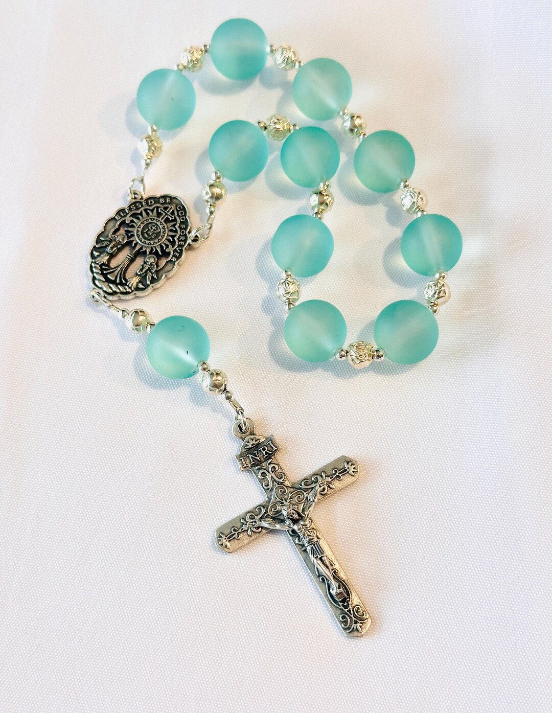 One Decade Rosary Adoring Angels Center Ornate Cross Frosted Blue Green ...