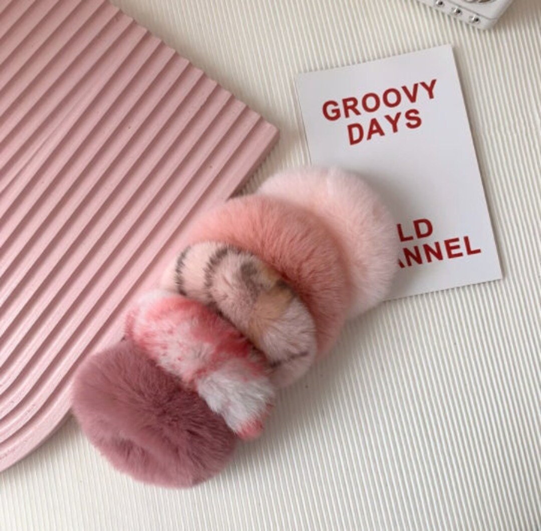 5 Color Pink Set Real Rabbit Fur Scrunchie, Ponytail Holder, Hair Tie ...