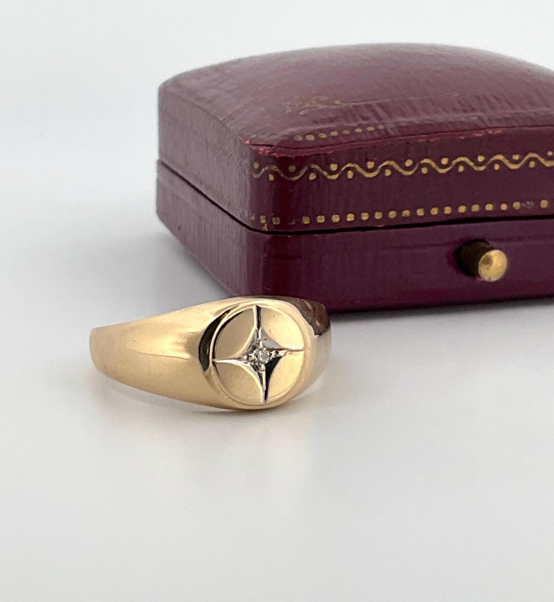 Vintage Diamond Signet Ring 10k Yellow Gold Round (G) - Etsy