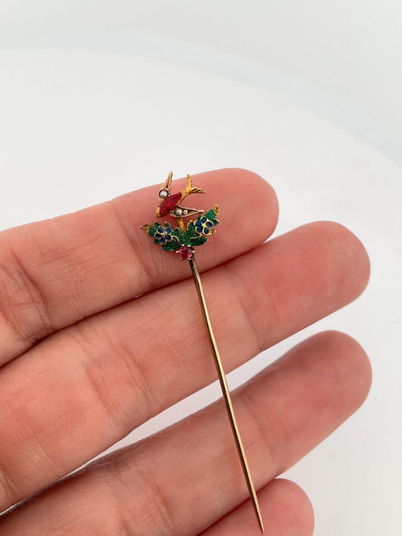 Antique Enamel Stick Pin Swallow Bird Seed Pearl Ruby… - Gem