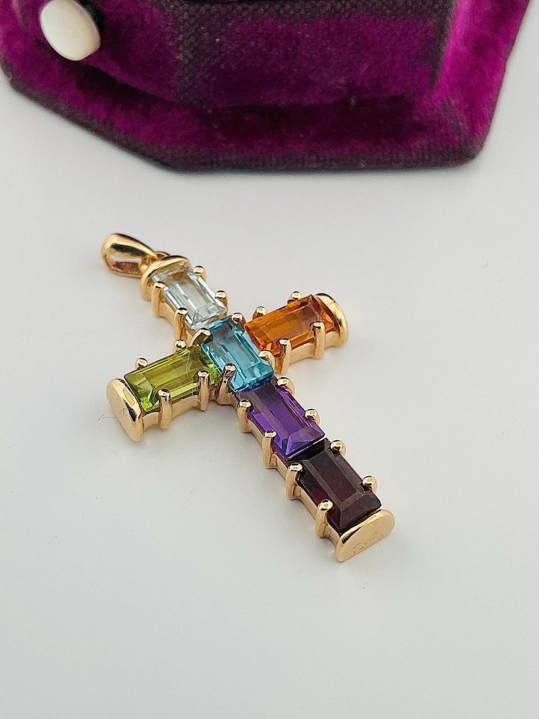 Vintage 14k Yellow Gold Multi Gem Cross Pendant - Etsy