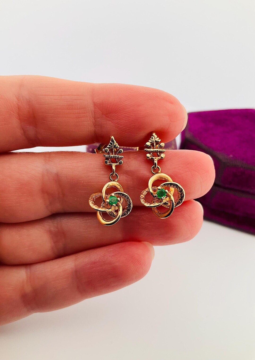 Vintage 14k Yellow Gold Emerald Spiral Dangle Earrings - Circa 1940 ...