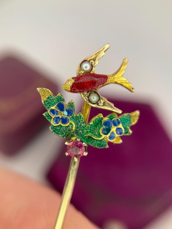 Antique Enamel Stick Pin Swallow Bird Seed Pearl Ruby… - Gem