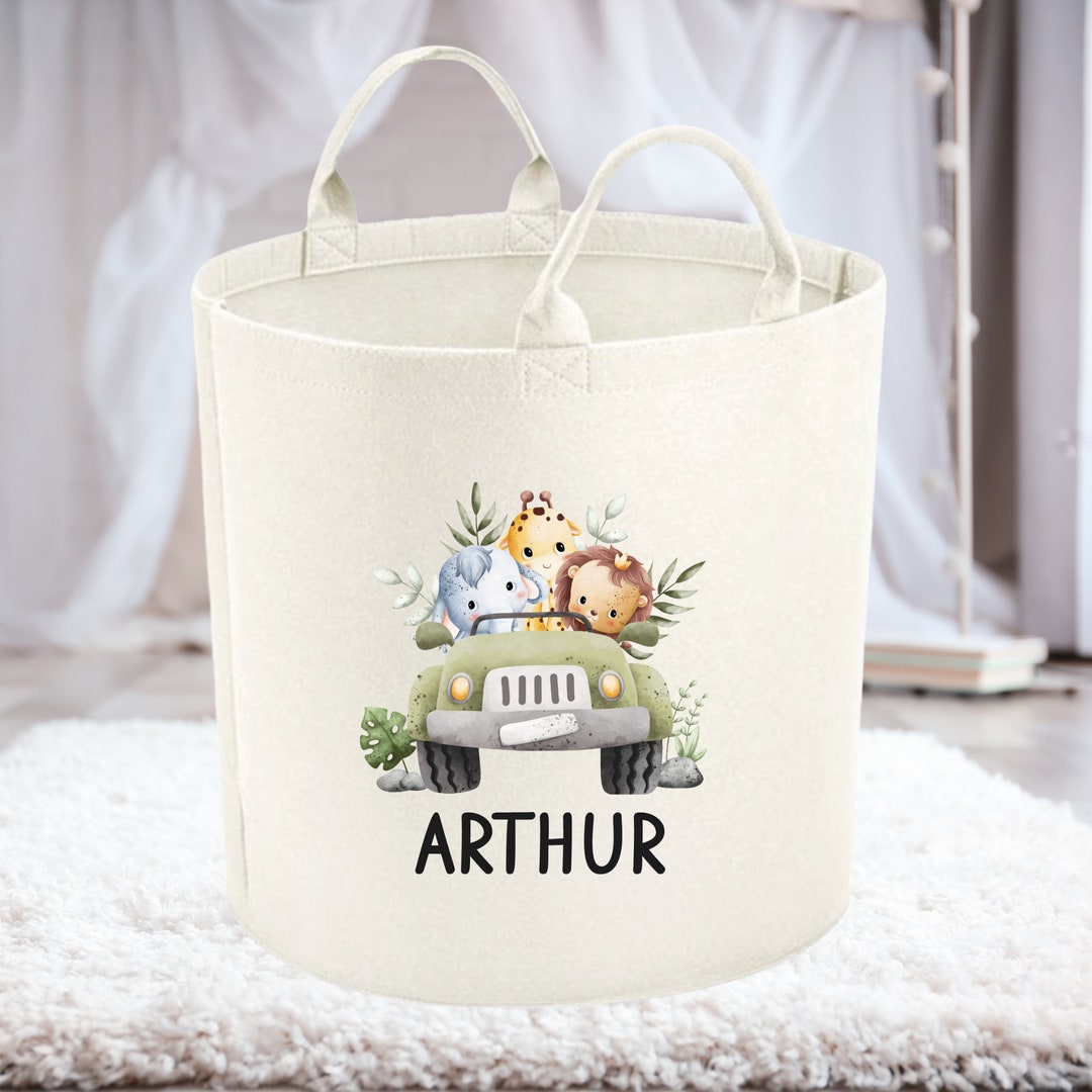 Personalised Safari Animal Car Themed Toy Storage Basket, Soft White ...