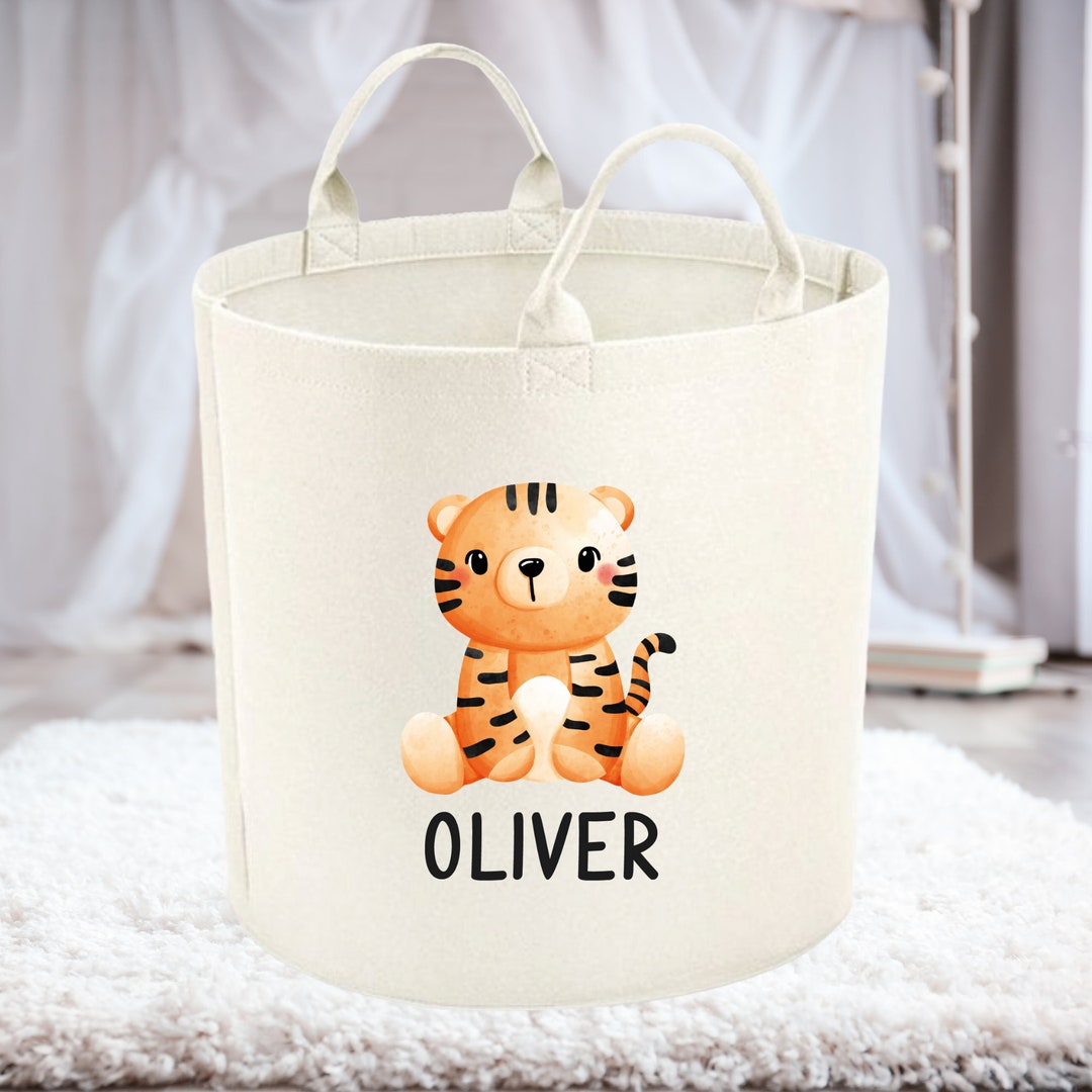 Personalised Tiger Safari Animal Themed Toy Storage Basket, Soft White ...