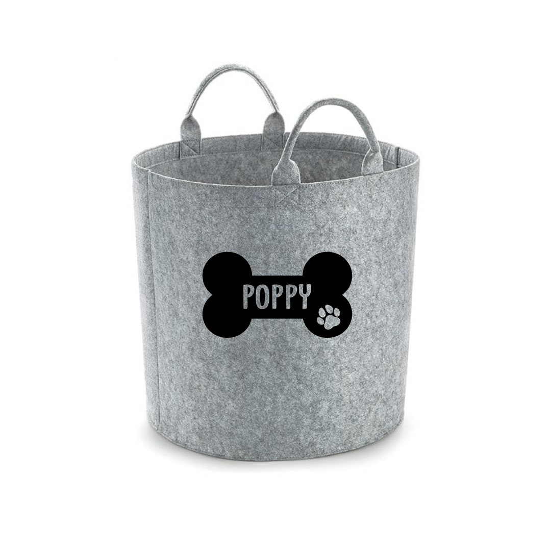Personalised Felt Dog Bone Storage Basket, Pet Toy Bag, Premium Felt ...