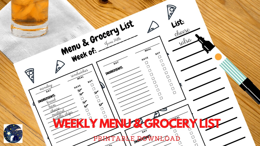Weekly Dinner Menu and Grocery List, Instant Printable Download, Meal ...