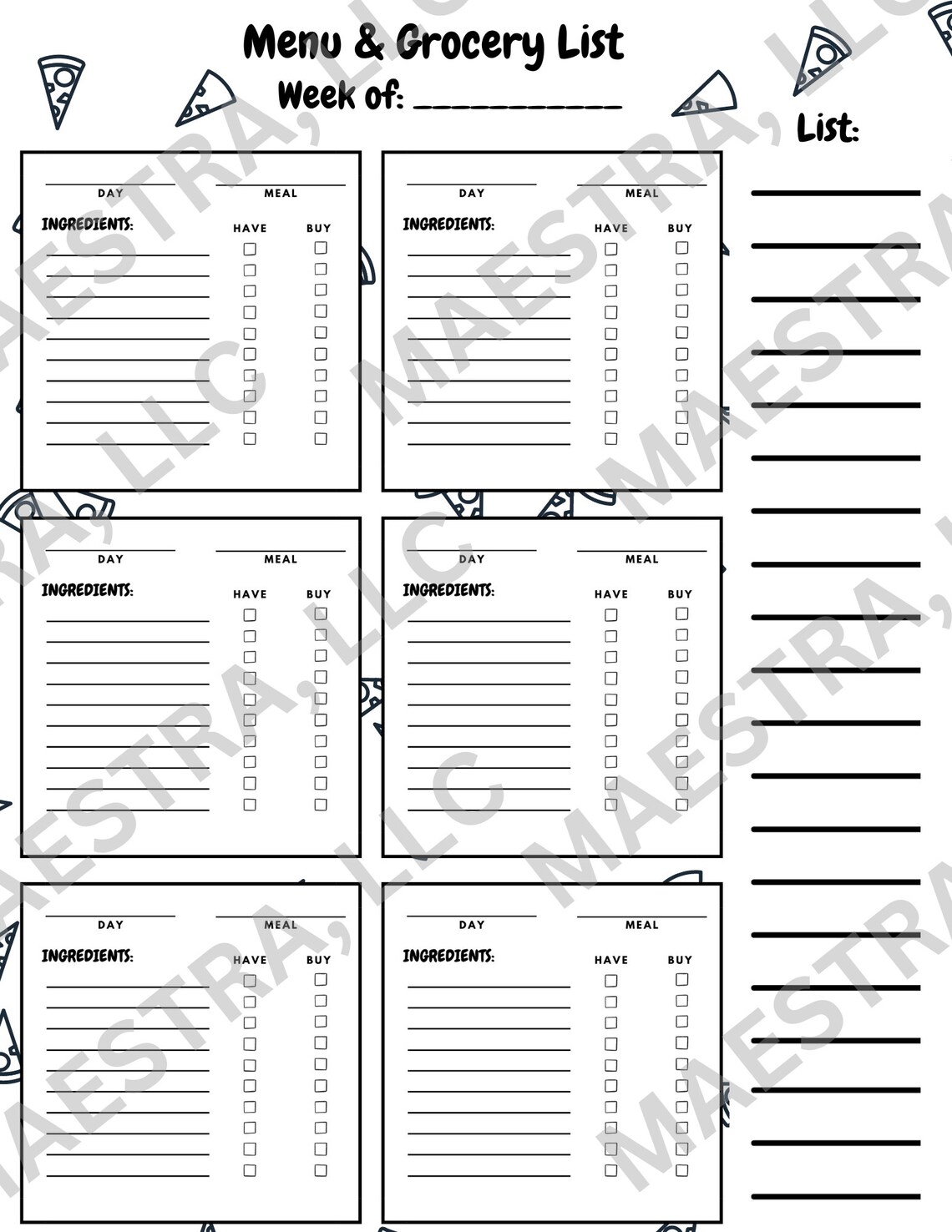 Weekly Dinner Menu and Grocery List, Instant Printable Download, Meal ...