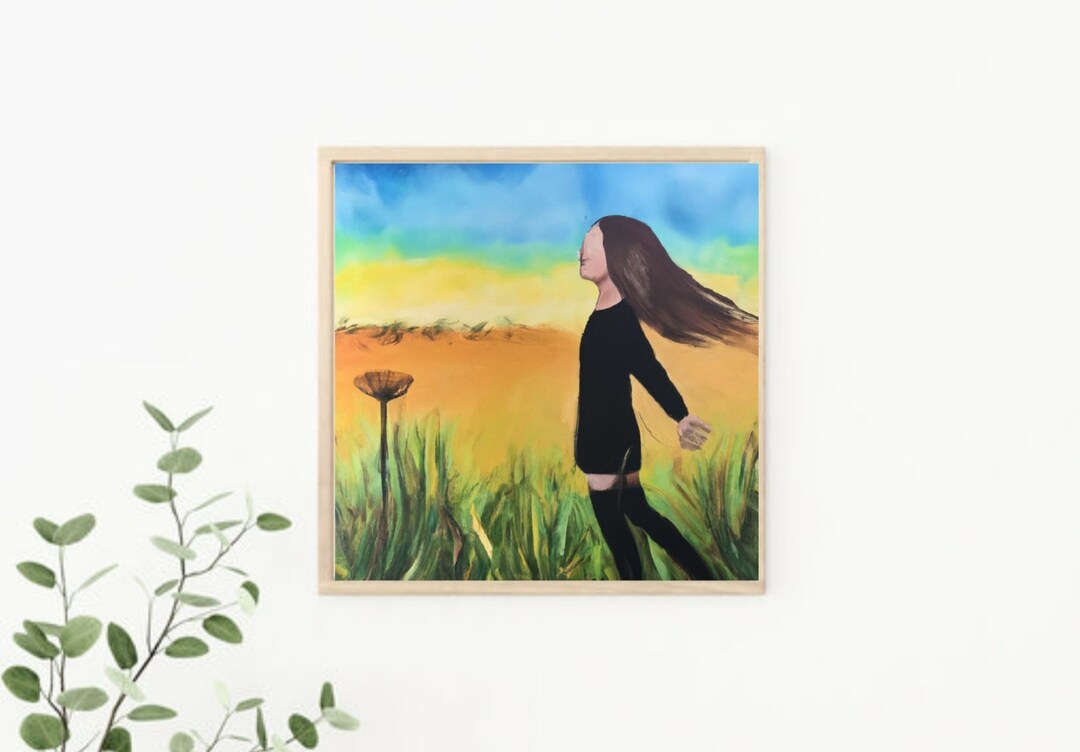 Girl in Windswept Field Art Printable Original Art Feeling - Etsy