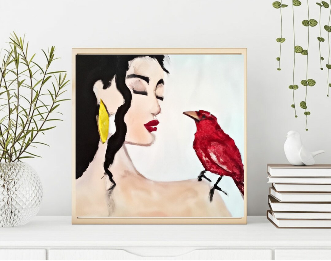 Woman and Bird Art Printable Original Art Pop of Red Art Woman Digital ...