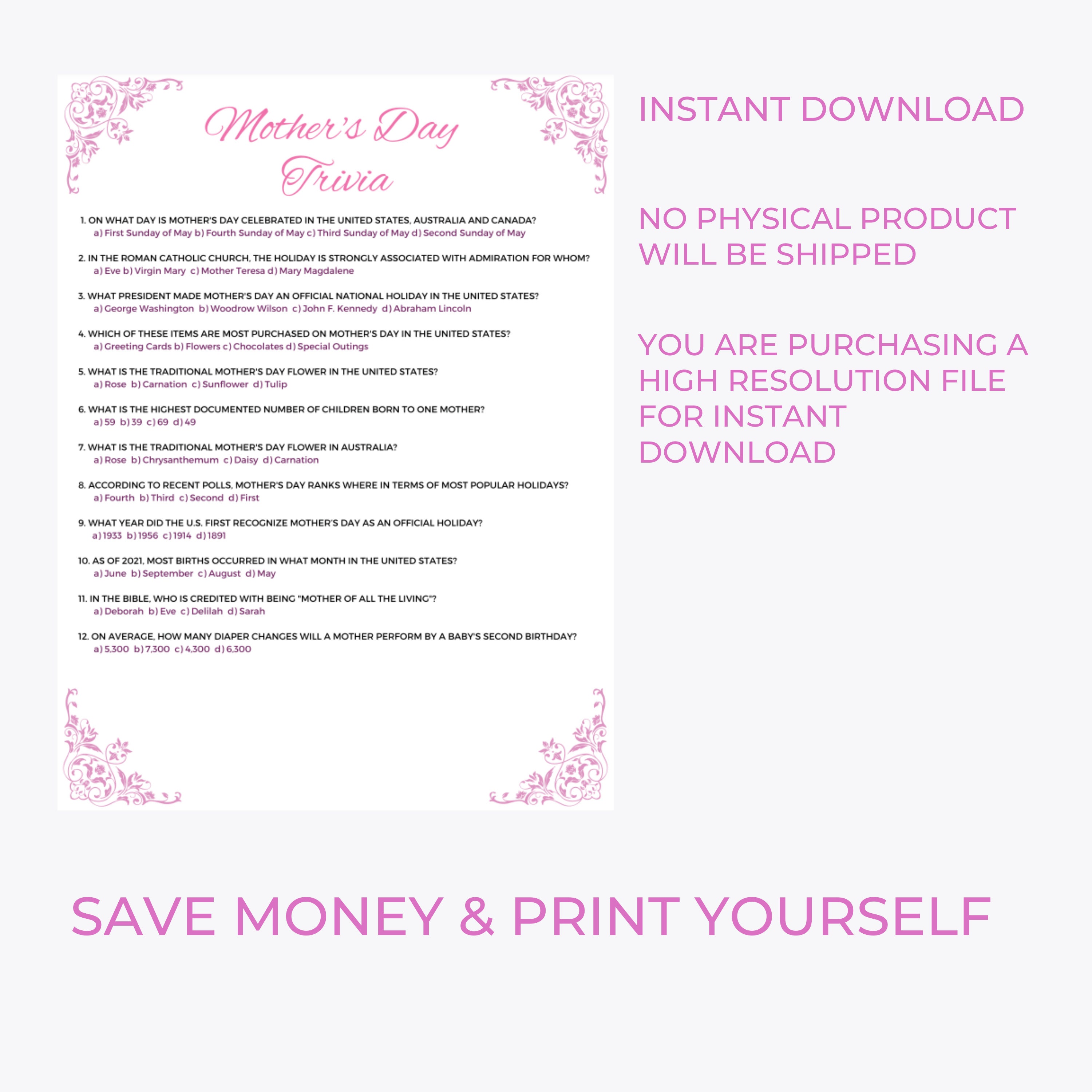 UPDATED: Mother's Day Game Mother's Day Trivia Quiz Printable Mothers ...