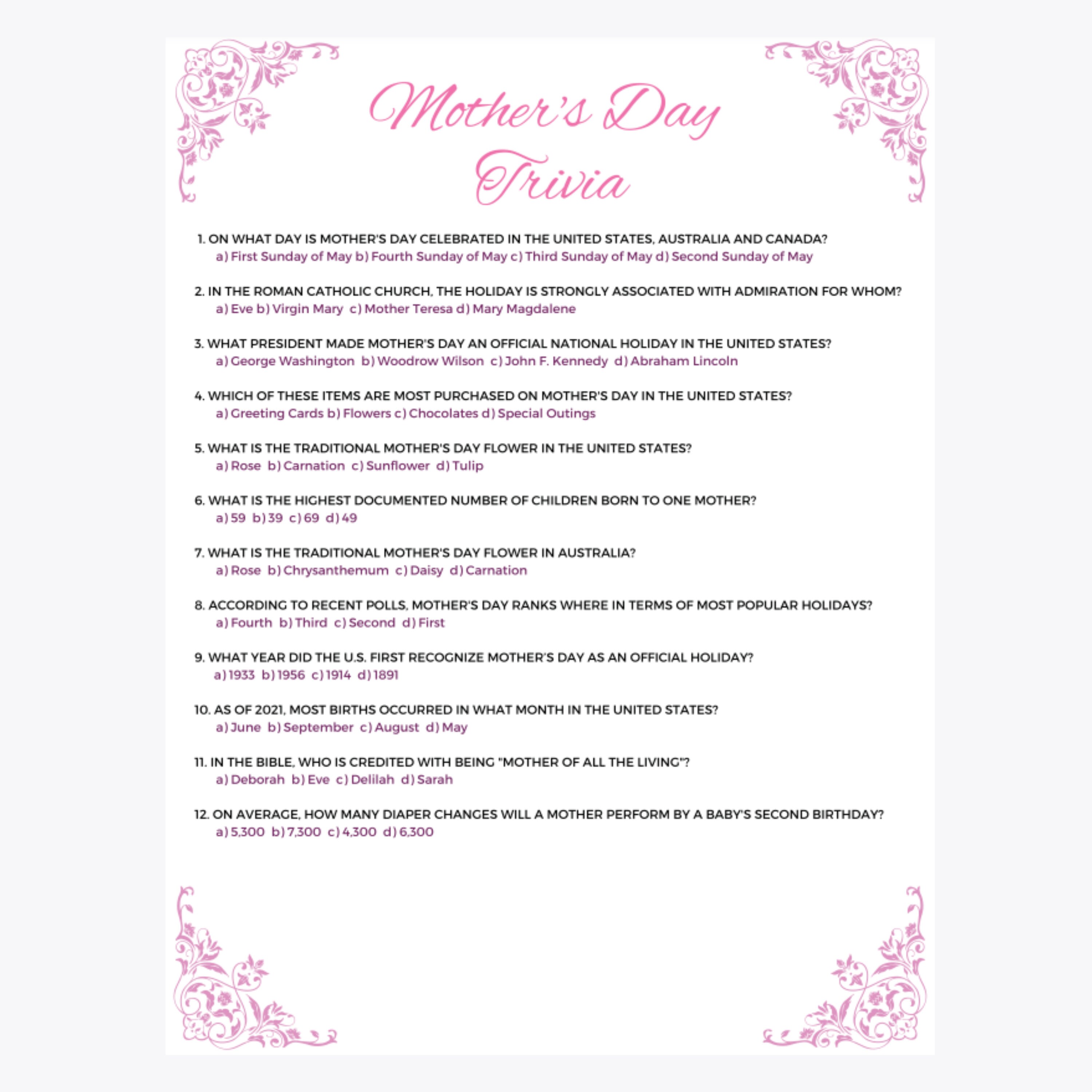 UPDATED: Mother's Day Game Mother's Day Trivia Quiz Printable Mothers ...
