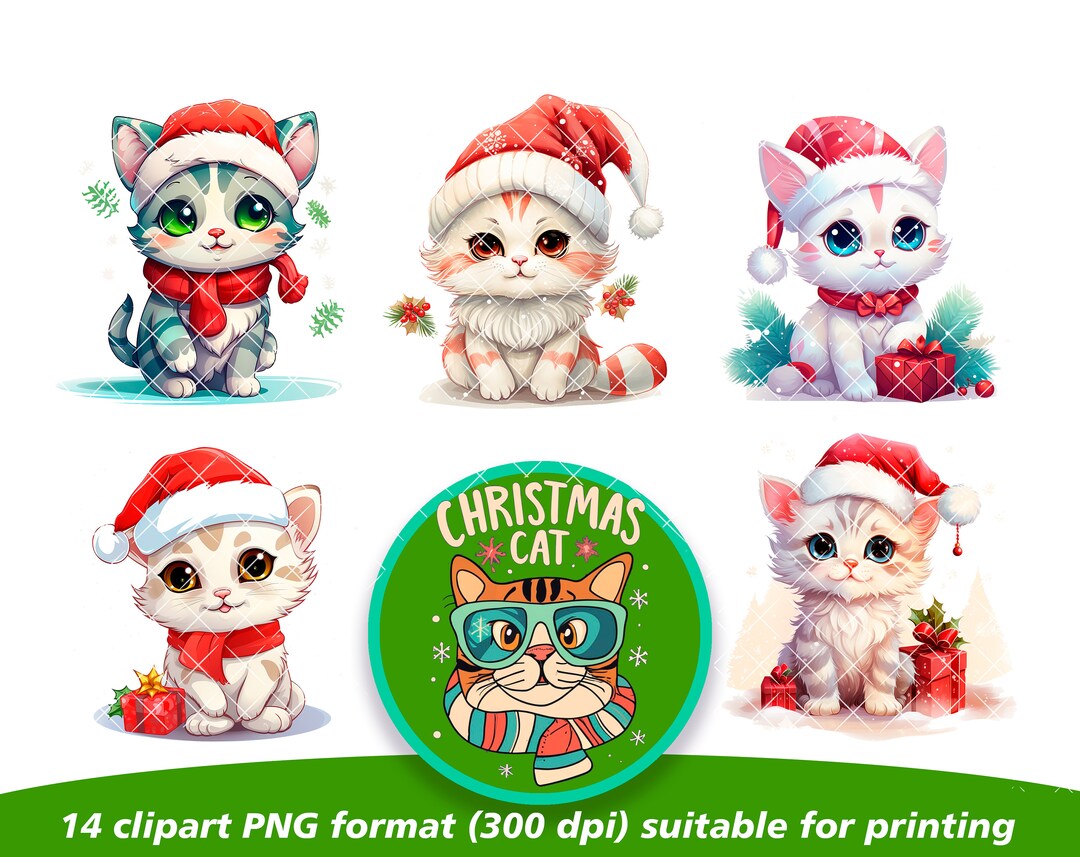 Cute Christmas Cats Clipart Pack 14 PNG With Transparent Background ...