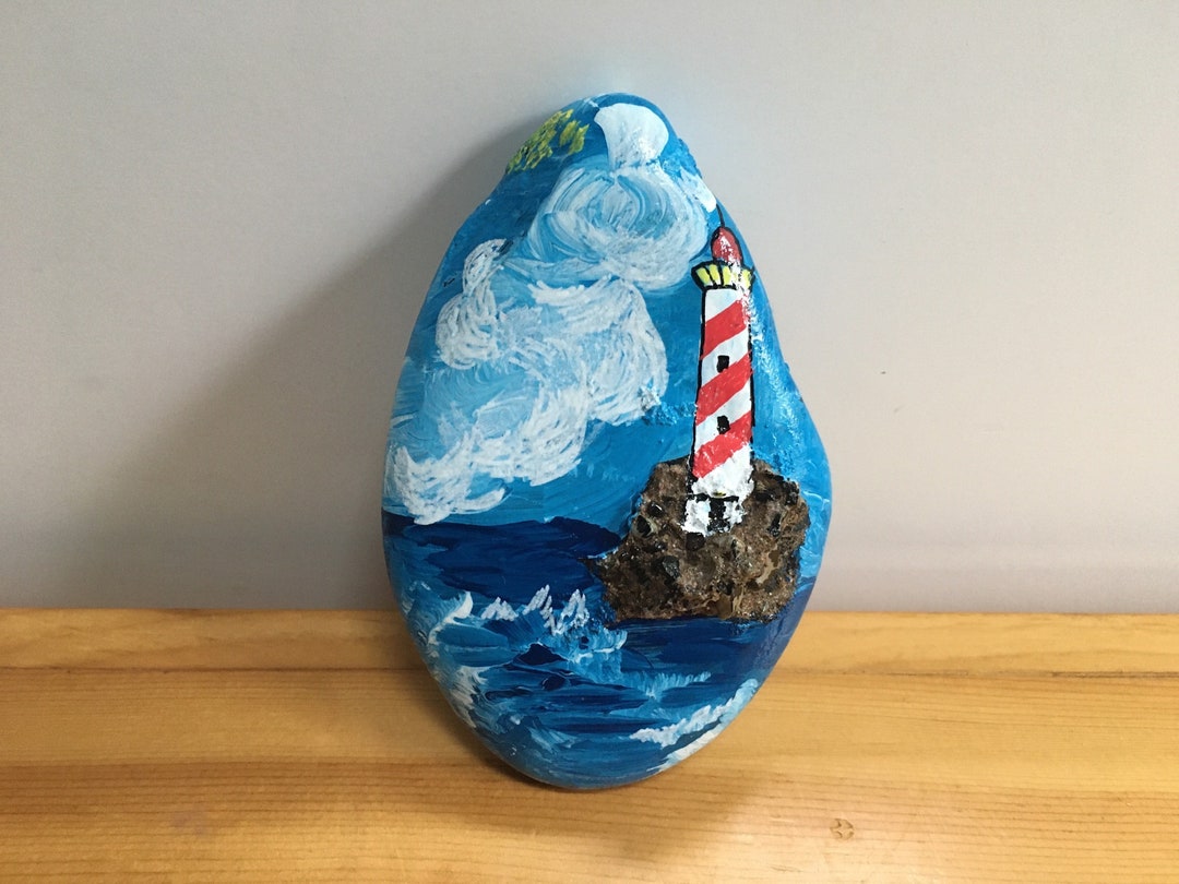 Lighthouse Painted Rock With 3D Island, Unique Lake House Decor ...