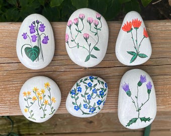 Painted Rocks With Flowers Set of Six Small Hand Decorated River Stones ...
