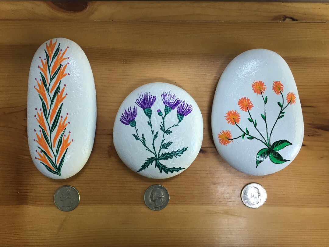 Hand Painted Flower Rocks: Set of Three Garden Decorations - Etsy