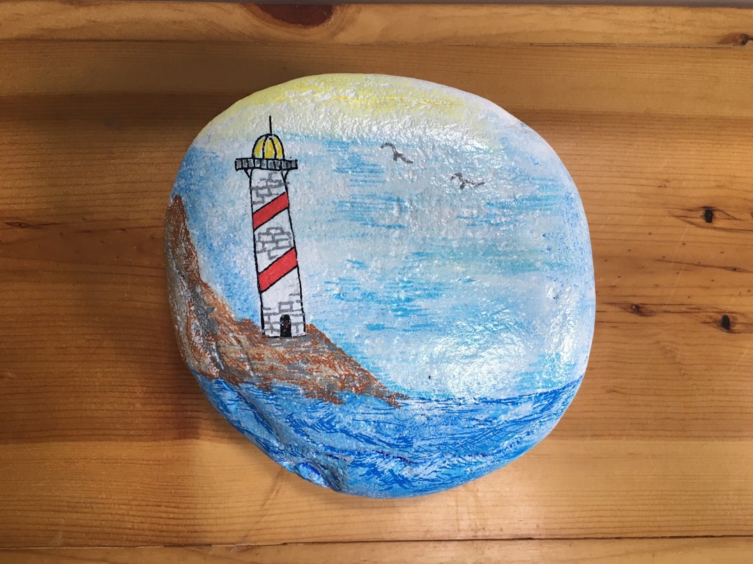 Lighthouse Painted Rock, Unique Lake House Decor, Nautical Theme Gift ...