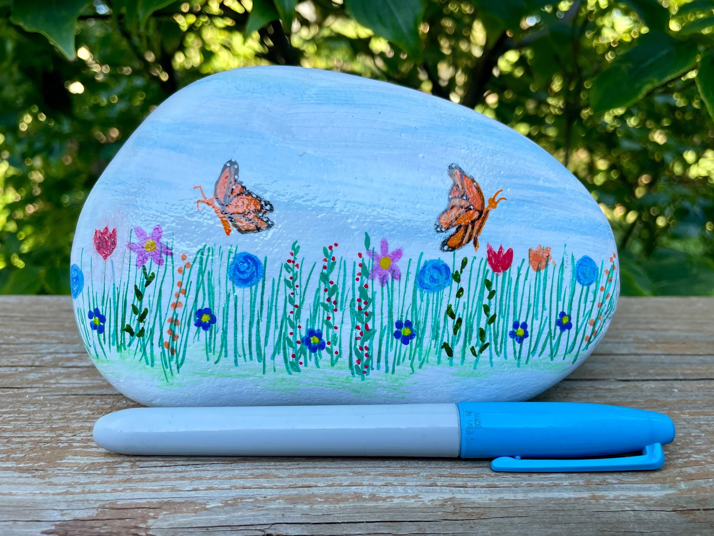 Hand Painted Rocks With Flowers: Set of Three Decorated Garden Stones ...