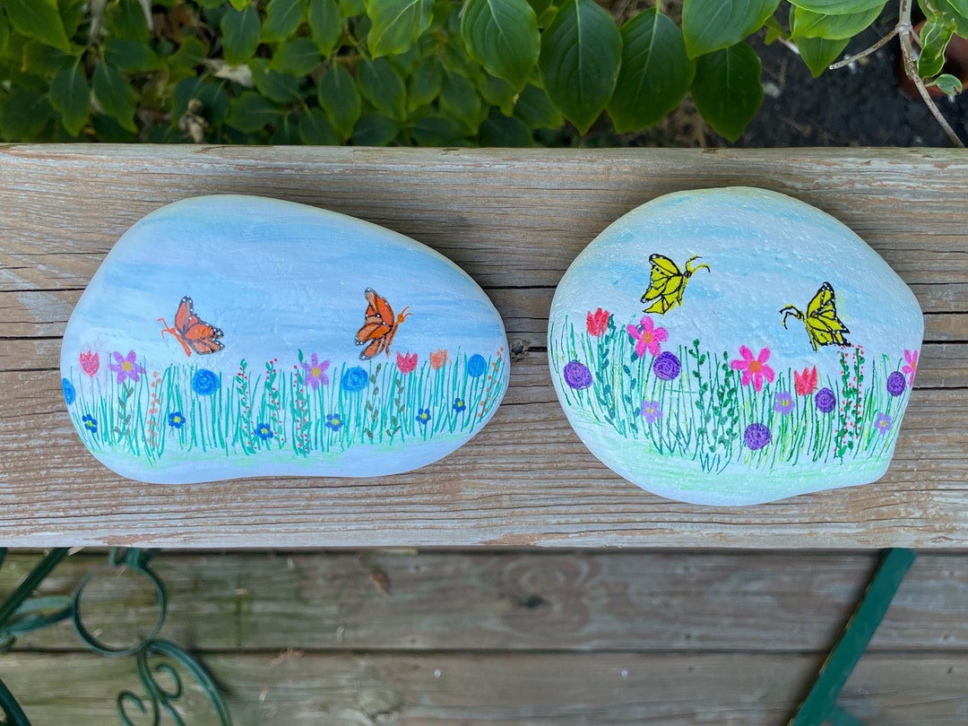 Hand Painted Rocks With Flowers: Set of Two Decorated Garden Stones ...