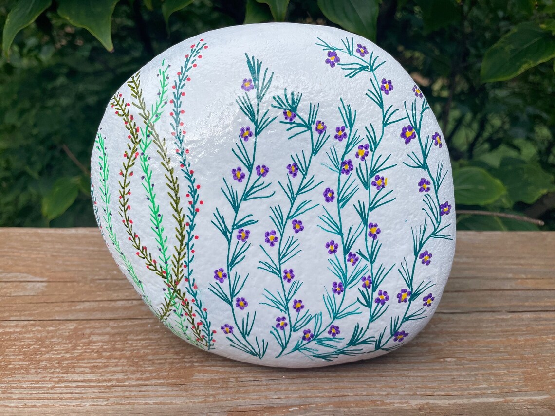 Decorated Rock With Colorful Flowers, Hand Painted Garden Rocks, Unique ...