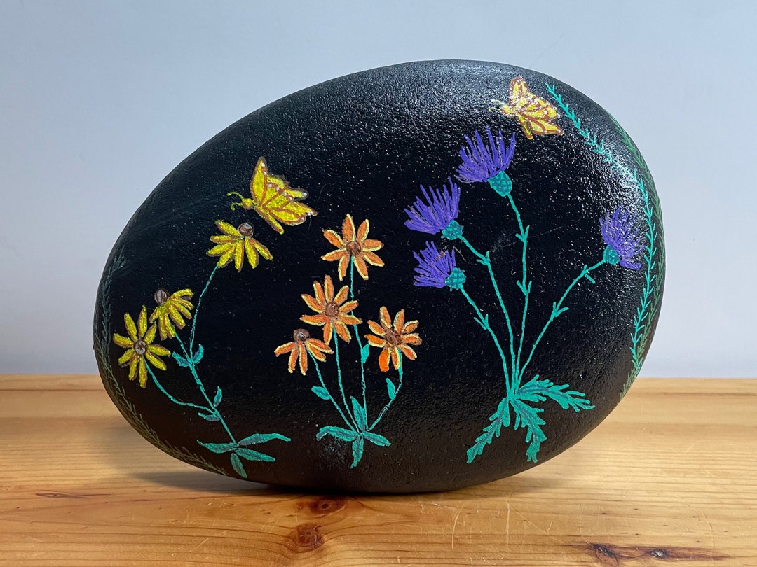 Decorated Rock With Butterflies & Flowers, Hand Painted Rocks for ...