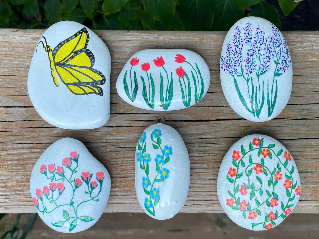 Painted Rocks With Flowers Set of Six Small Hand Decorated River Stones ...