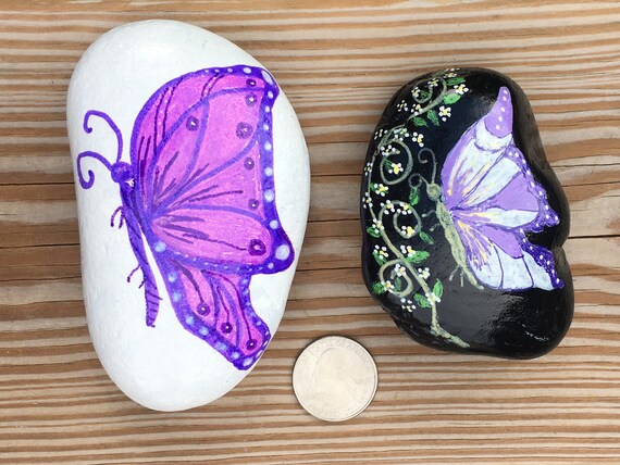 Painted Rocks With Purple Butterflies Set of Two Small Hand | Etsy