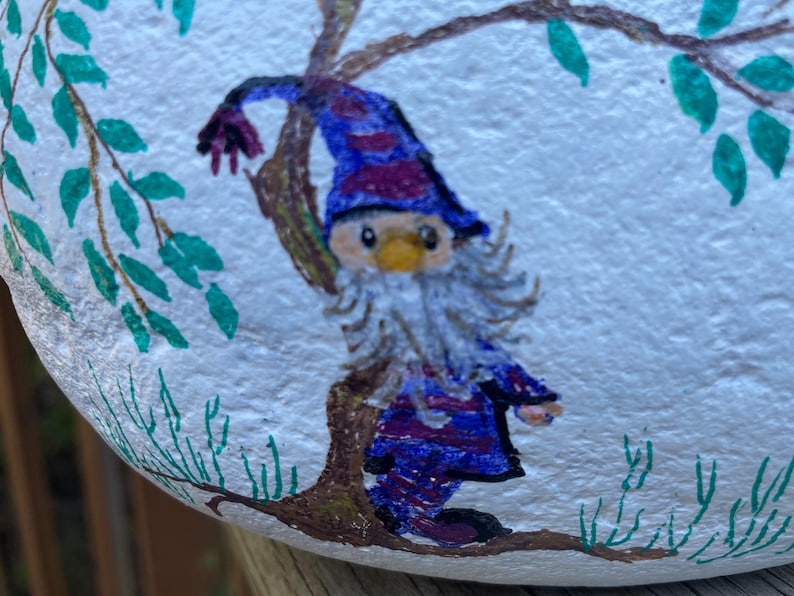 Painted River Stone Gnome Fantasy Flowers Garden Art, Sealed Decoration ...