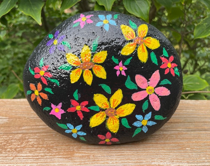 Painted Rock With Flowers, Summer Garden Decoration, Colorful & Unique ...