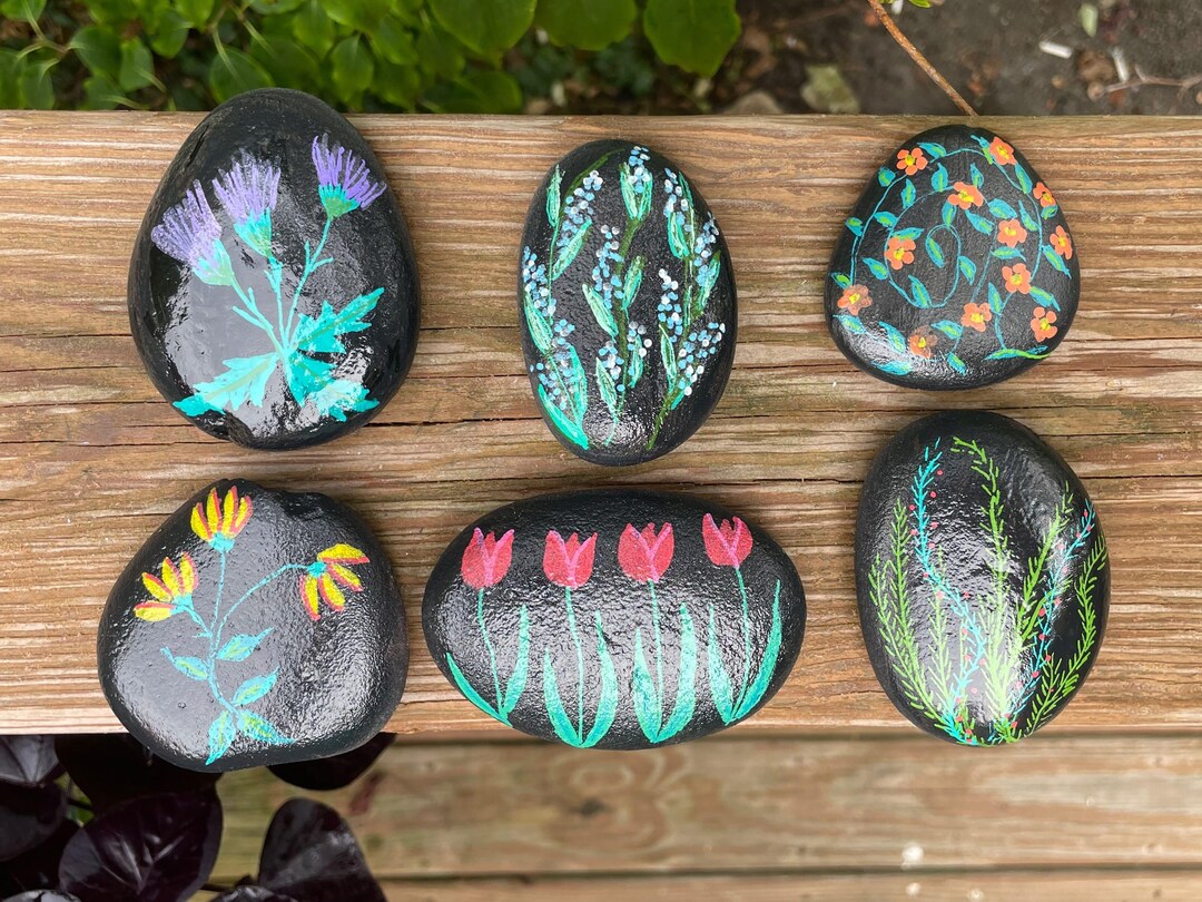 Painted Rocks With Flowers - Set of Six Small Hand Decorated River ...
