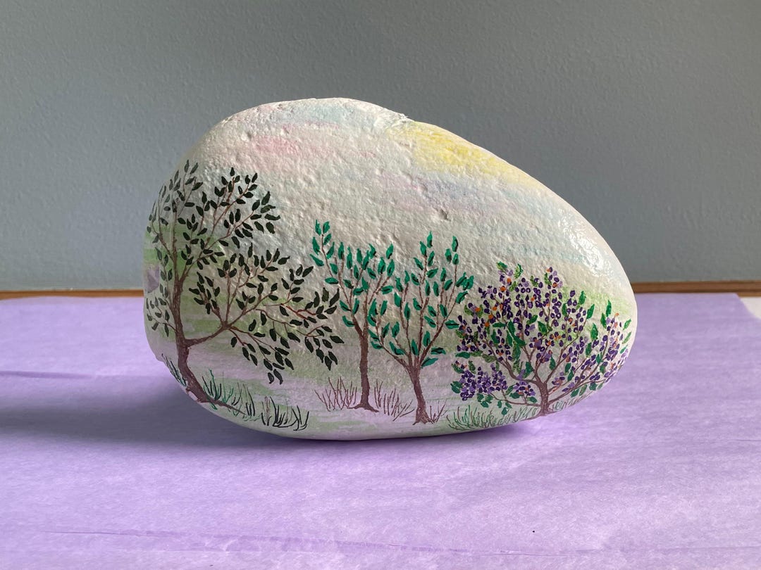Large Hand Painted Rock With Trees, Unique Nature Art, Decorative ...