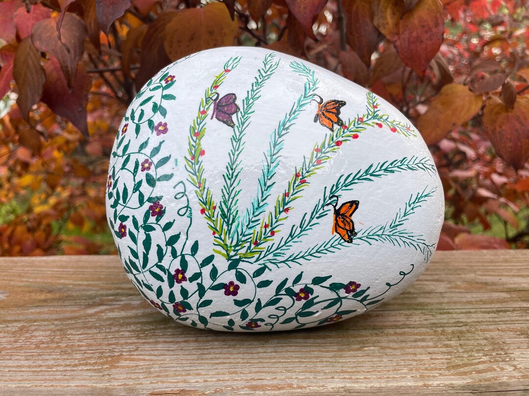 Hand Painted Garden Rock With Butterflies & Flowers, Garden Decoration ...