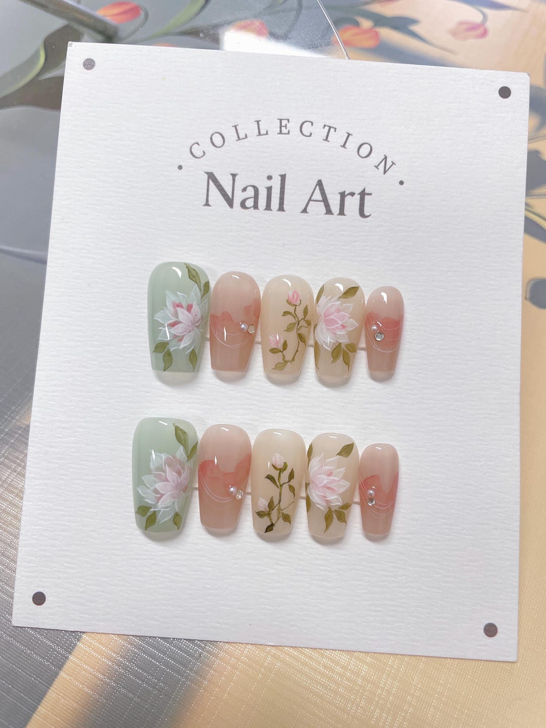 Water Color Painted Floral Customized Press on Nails, Hand Painted Fake ...