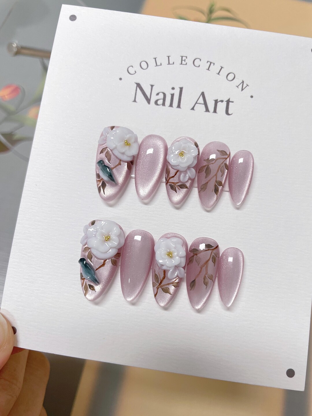 Handmade 3D Flower Bird Press on Nails: Artist Faux Nails - Etsy
