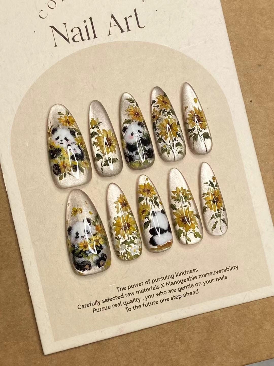Adorable Pandas in Flowers Customized Press on Nails, Hand Painted Fake ...