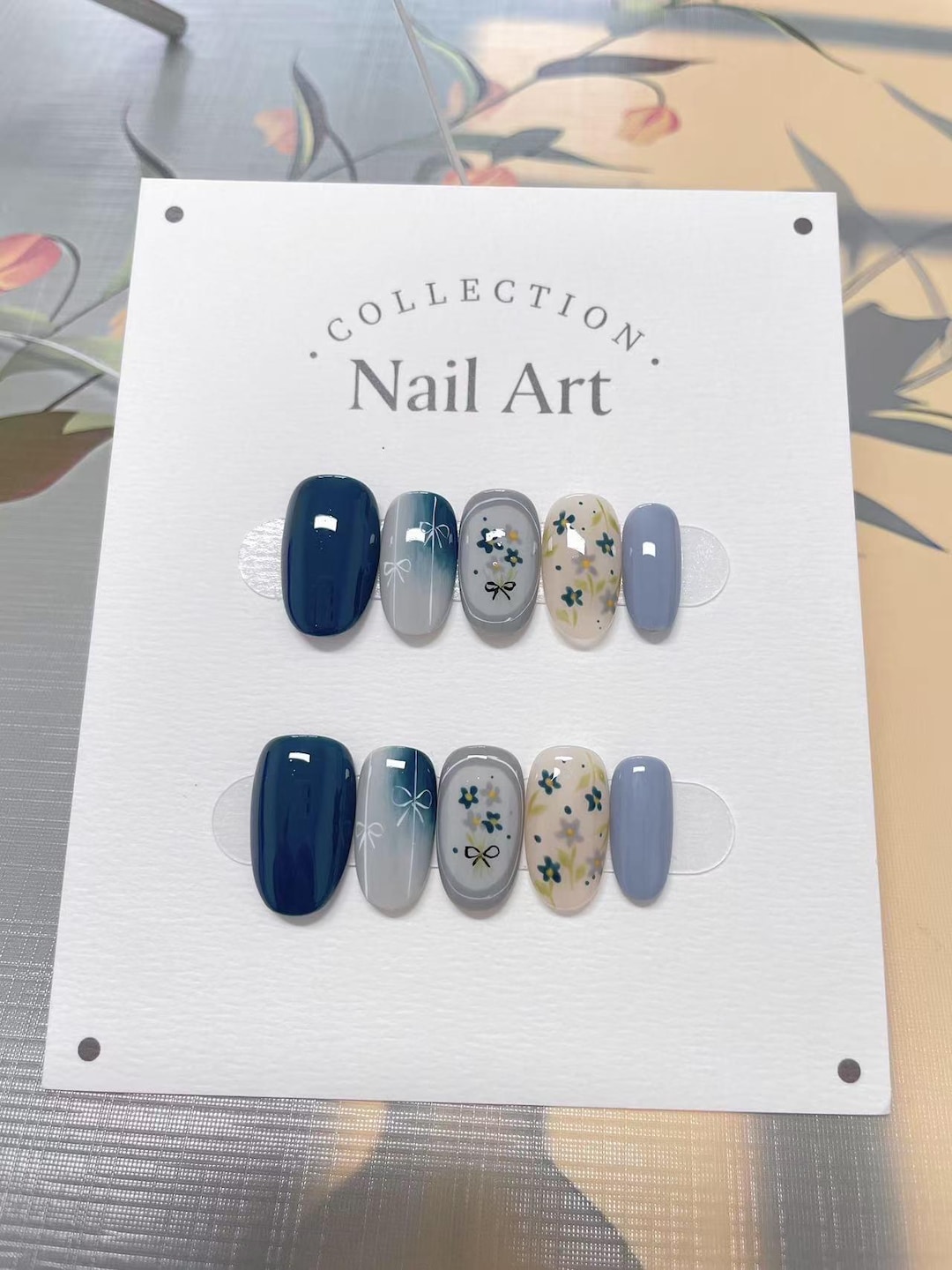 Hand Painted Blue Floral Press on Nails: Reusable Artist Faux Nails - Etsy
