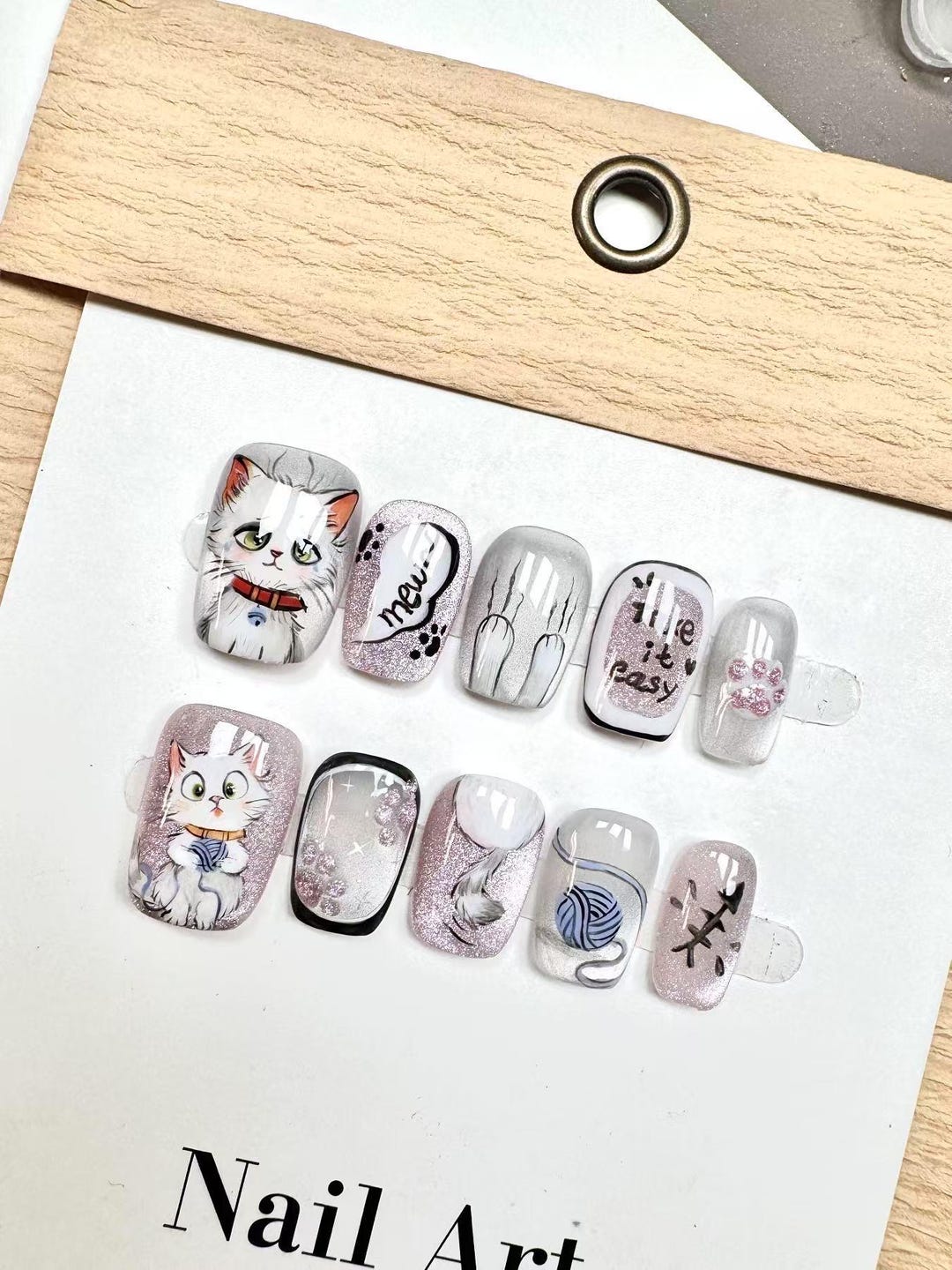 Custom Bail Shape Hand Painted Cat Press on Nails, Reusable Faux Nails ...