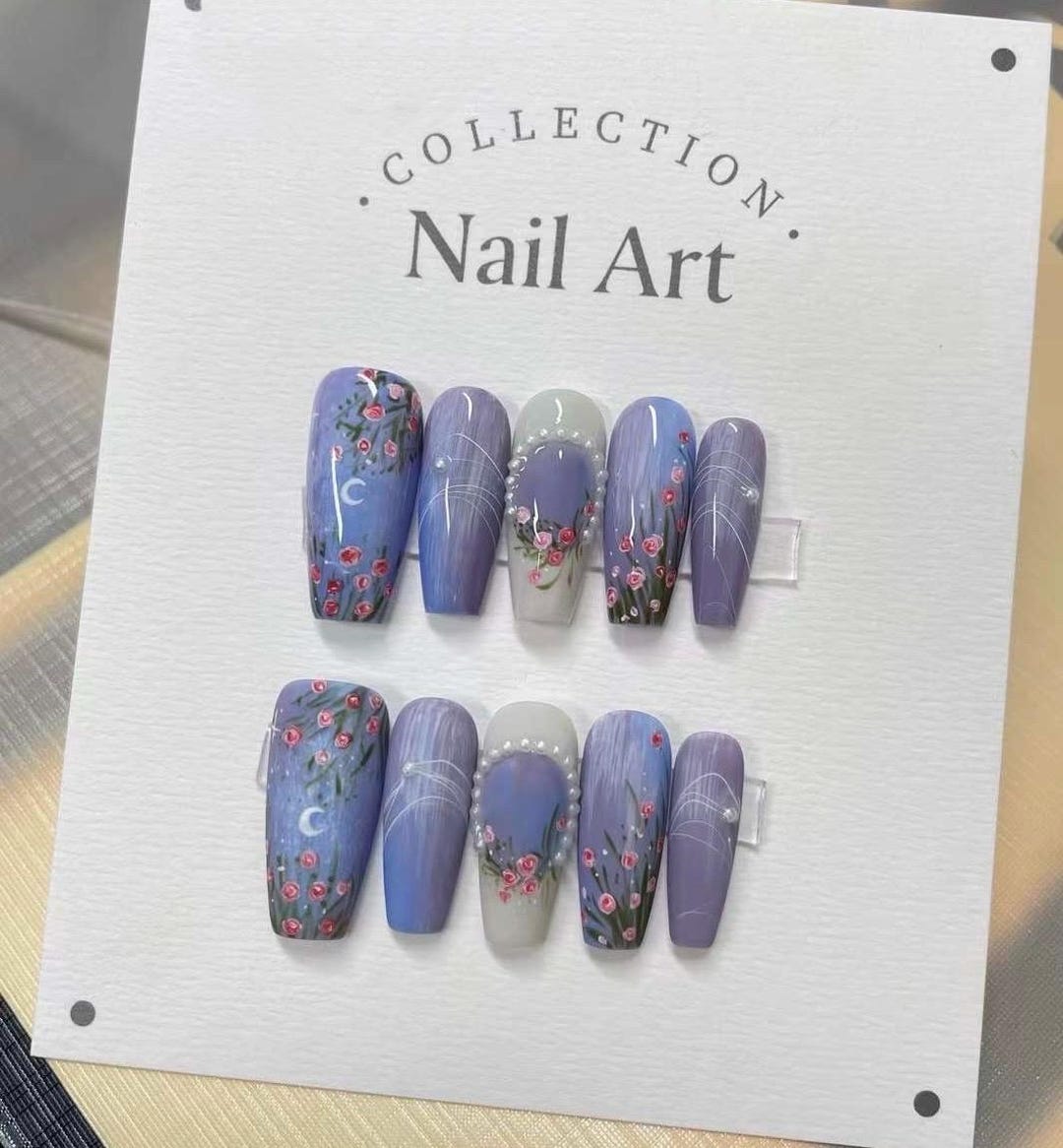 Purple Moonlight Press on Nails, Hand Paint Gel Fake Nails, Artist Faux ...