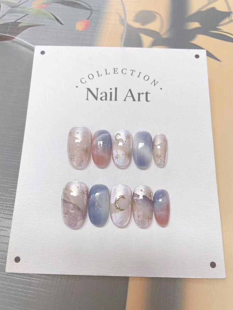 Custom Nail Shape Hand Painted Moon and Star Ombre Press on Nails ...