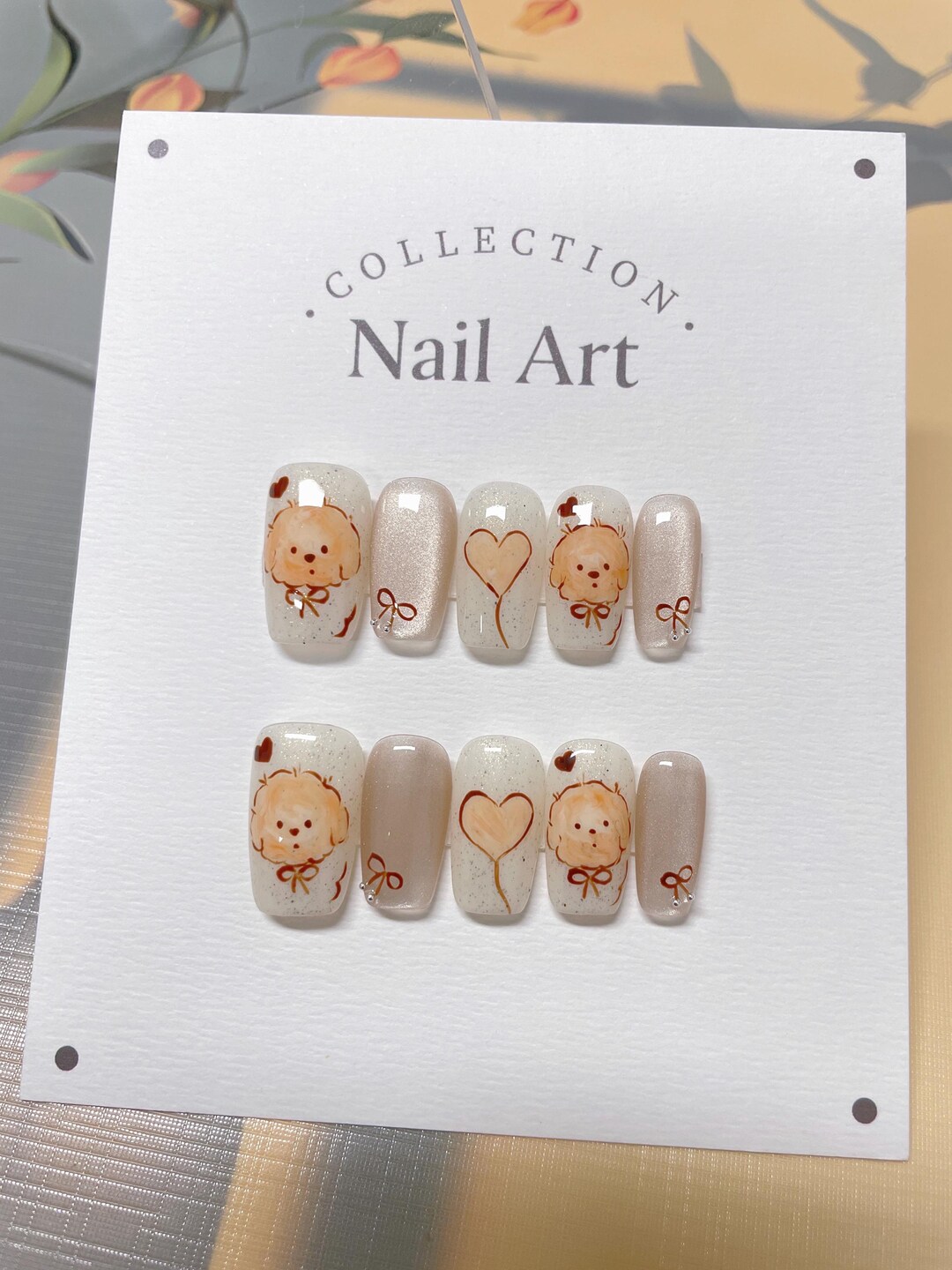Cute Dog With Bow Tie & Balloon Customized Press on Nails, Hand Painted ...