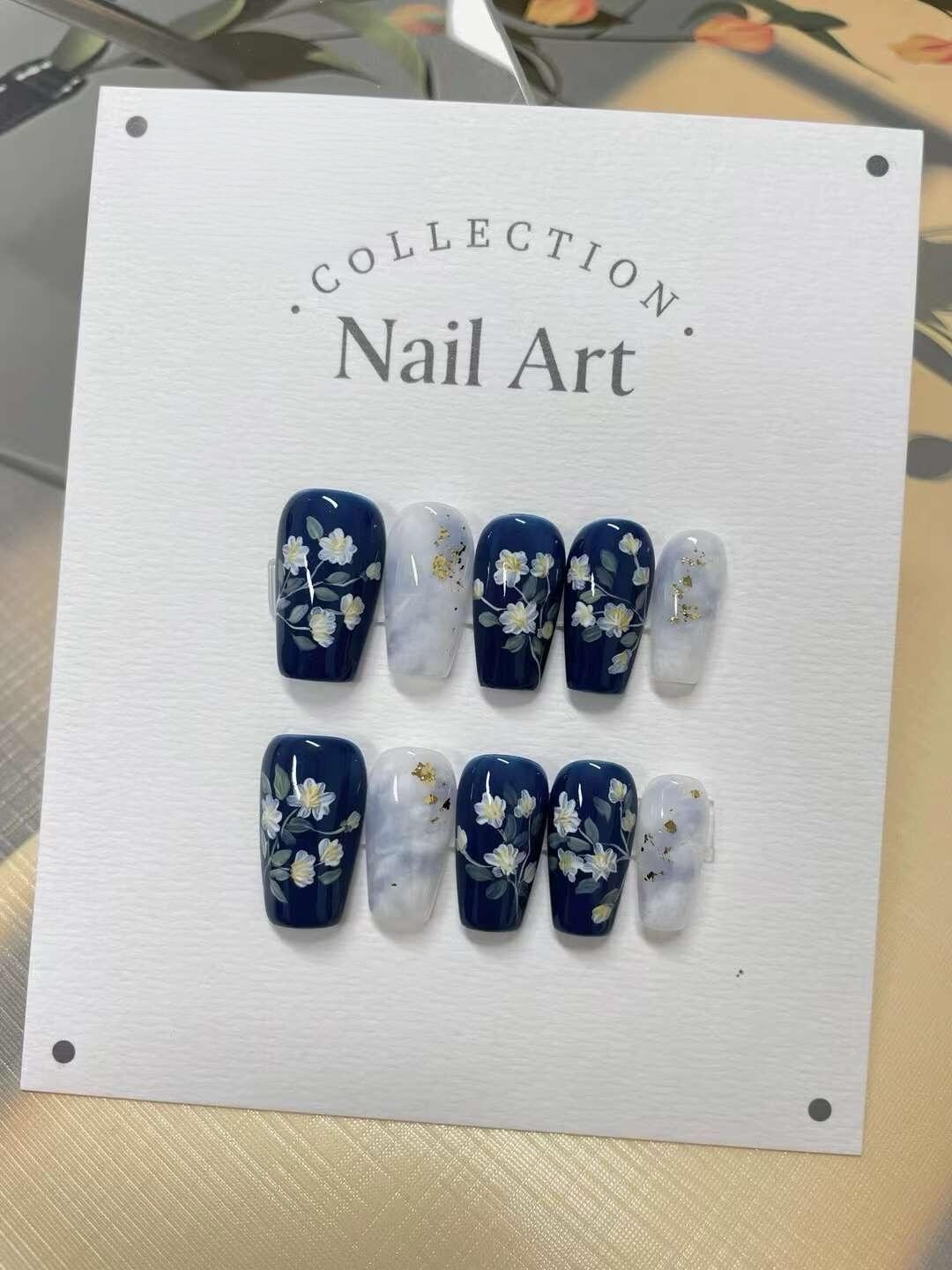 Vintage Press on Nails, Hand Paint Gel Fake Nails, Elegant Nails ...