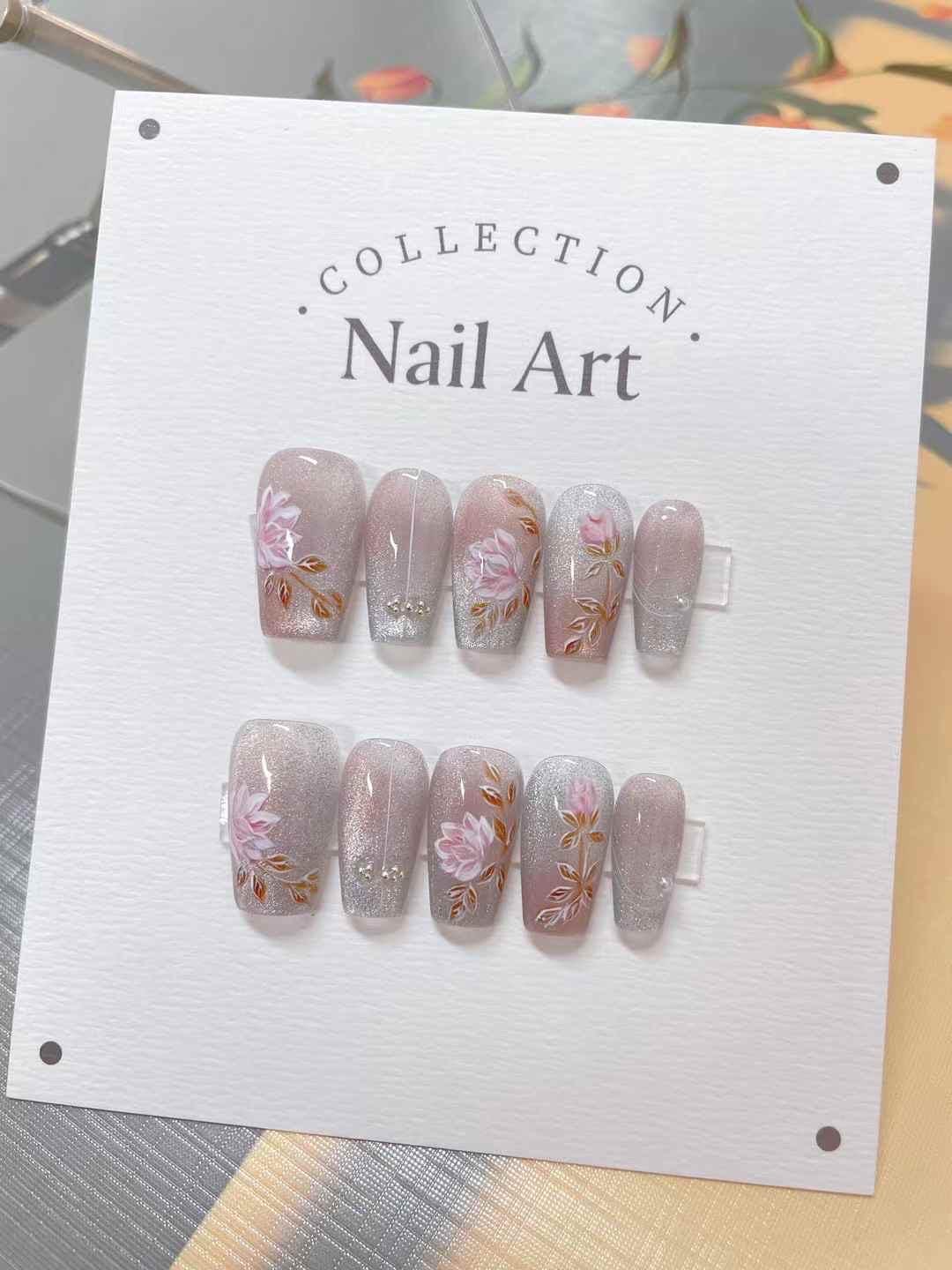 Hand Painted Flower Press on Nails: Reusable Gel Nail Set - Etsy
