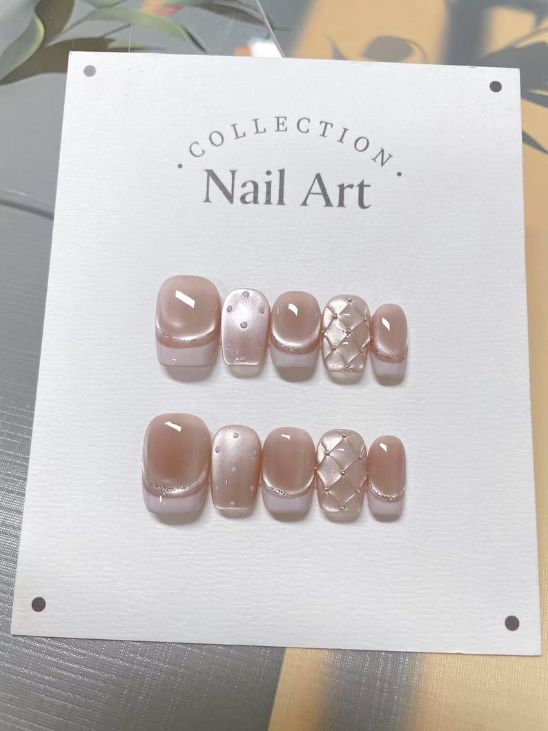 Hand Painted Cat Eye Press on Nails: Beaded French Tip, Reusable Faux ...