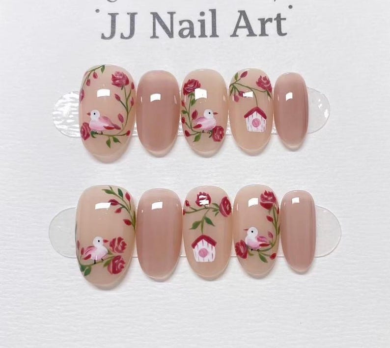 Birds and Flower Press on Nails: Custom Shape Reusable Nail Set - Etsy